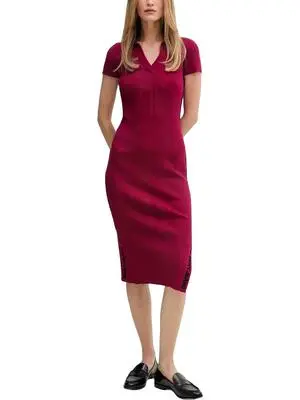 Dkny Ribbed Knit Midi Dress With Logo Tape - Red