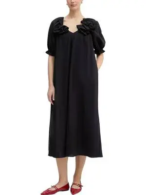 Stine Goya Midnight Blue Textured Floral Appliqué Midi Dress - Black