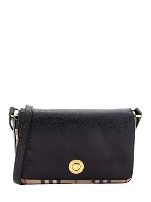 Burberry Hampshire Shoulder Bag Leather And Vintage Check Canvas Small Crossbody Bag - Black