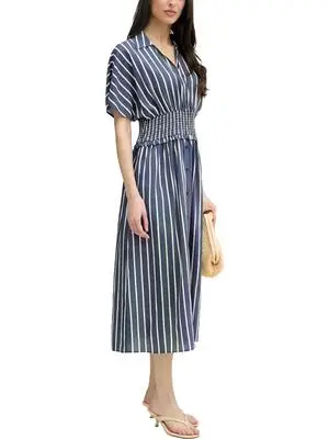 Joseph Ribkoff Vertical Stripe Smocked Waist Midi Dress - Blue