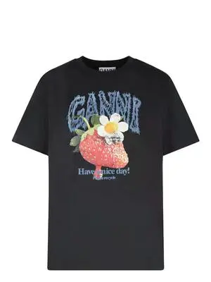 GANNI Strawberry Print Cotton T-shirt - Black
