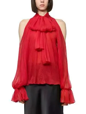 ATU BODY COUTURE Cold-shoulder Pussy-bow Blouse - Red