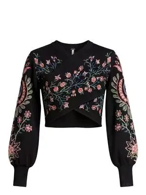 Farm Rio Marvelous Garden Embroidered Cropped Sweater - Black