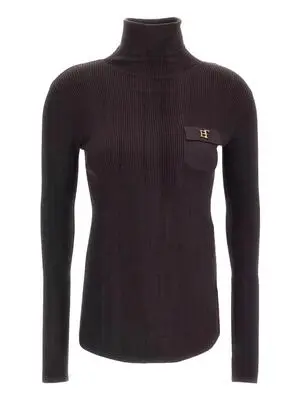 Elisabetta Franchi Ribbed Knit Logo Plaque Sweater - Brown