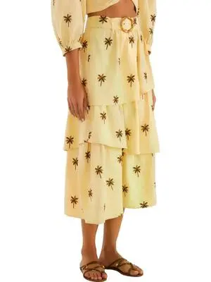 Farm Rio Tropical Palm Tree Embroidered Belted Midi Skirt - Yellow