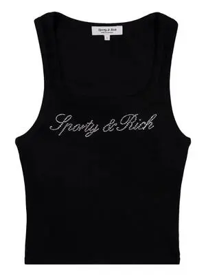 SPORTY & RICH Crystal Logo Embellished Cropped Tank Top - Black
