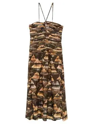 Farm Rio Ruched Halterneck Midi Dress With Graphic Print - Brown