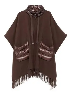 Herno Wool And Nylon Cape With Padded Pockets And Fringe Detail - Brown