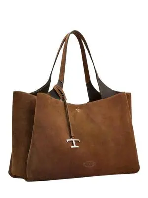 TOD'S Suede Tote Bag With T Timeless Detail - Brown