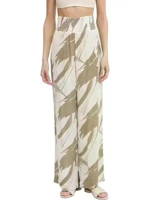 Dkny Abstract Print Smocked Waist Wide Leg Trousers - Neutrals