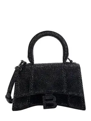 Balenciaga Hourglass Top Handle Bag Suede With Crystals Xs Crossbody Bag - Black