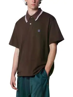 Needles Butterfly-embroidered Striped-collar Polo Shirt - Brown