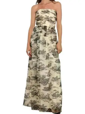Max Mara Strapless Landscape Print Maxi Dress - Neutrals