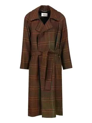 Saint Laurent Plaid Belted Coat - Brown