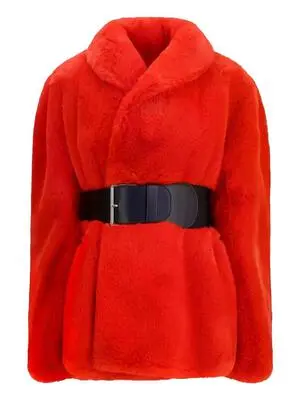Balenciaga Belted Faux Fur Jacket - Red