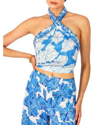Poupette St Barth Suma Halterneck Floral Print Cropped Top - Blue