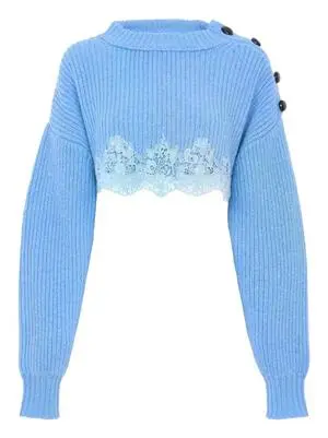 Chloé Chloé Lace-Trimmed Button-Shoulder Cropped Sweater Blue
