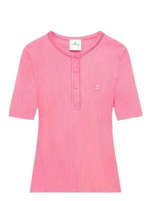 COURREGES Ribbed-knit Polo Shirt With Vinyl Trim - Pink