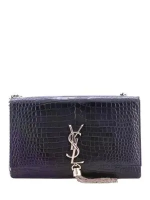 Saint Laurent Monogram Tassel Crocodile Embossed Leather Medium Crossbody Bag - Black