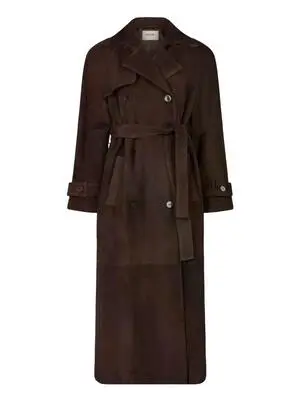 DUCIE Double-breasted Lamb Suede Trench Coat - Brown