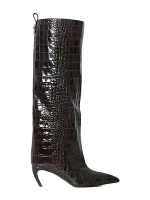 Attico Lea Croc-print Pointed Toe Knee-high Boots - Brown