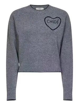 Chloé Heart Embroidered Ribbed Sweater - Grey