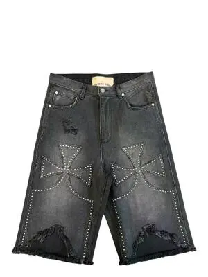 SEKRIT Chopper Studded Denim Shorts - Grey