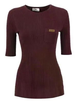 Elisabetta Franchi Burgundy Ribbed Logo Plaque Sweater - Brown