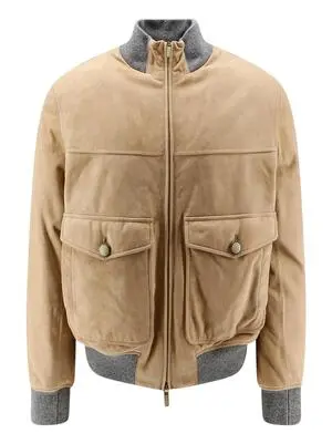 Brunello Cucinelli Padded Suede Jacket With Ribbed Cashmere Trim - Beige