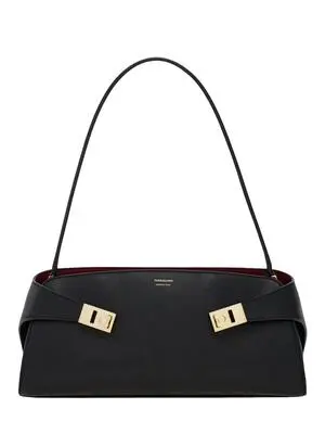 FERRAGAMO Gancini Buckle Leather Shoulder Bag - Black