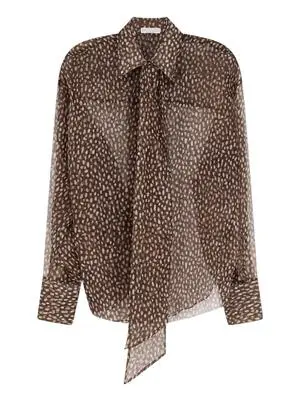 Brunello Cucinelli Sheer Silk Shirt With Printed Micro-pattern And Bow Detail - Brown