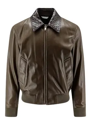 Bottega Veneta Leather Jacket With Intrecciato Detail - Green