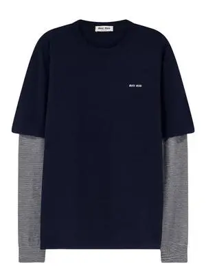 Miu Miu Virgin Wool, Cashmere, And Silk Blend Sweater With Intarsia Logo - Blue