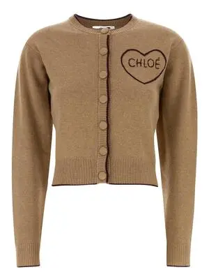 Chloé Camel Wool Blend Cardigan With Embroidered Heart Logo - Light Brown