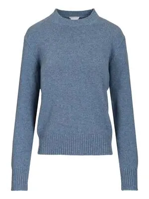 Bottega Veneta Medium Weight Cashmere Sweater With Woven Leather Elbow Patches - Blue