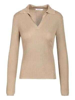 Max Mara Max Mara Knitted Polo Collar V-Neck Top In Silk And Cashmere Blend Cream