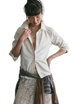 Free People We The Free Benny Slim Oxford Button-down Shirt - Ivory Combo