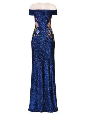 Naeem Khan Stretch Sequin Off-shoulder Gown With Floral Applique - Blue