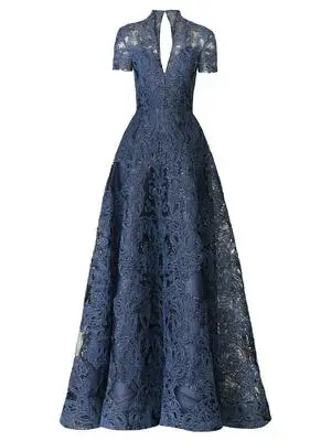 NAEEM KHAN Naeem Khan Raffia V-Neck Cap Sleeve Gown