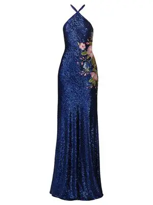 Naeem Khan Halterneck Stretch Sequin Gown With Floral Applique - Blue
