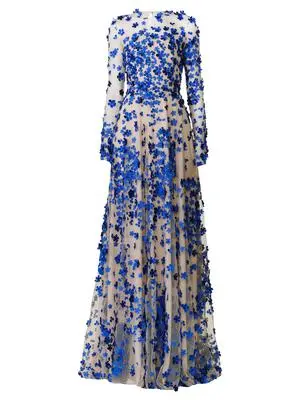 Naeem Khan Beaded Floral Long Sleeve Gown - Blue