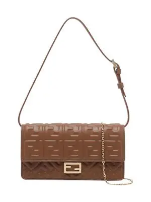 Fendi Nappa Sellier Baguette Wallet On Chain With Ff Motif - Brown