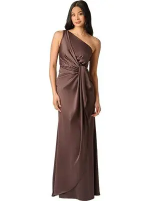 Adrianna Papell One Shoulder Draped Knot Waist Satin Gown - Dark Brown