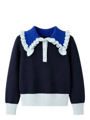 MIND TRAVELER Navy Knitted Sweater With Contrasting Double-layered Polo Collar And Ruffle Detail - Blue