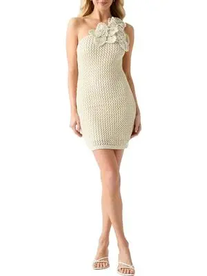 Guess Alicia One-shoulder Crochet Mini Dress With Metallic Fiber And Floral Appliqués - Beige