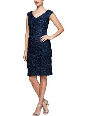 Alex Evenings Sheath Dress With Ribbon Embroidery And Sequins - Navy