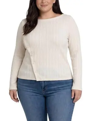 LIVERPOOL Textured Chevron Knit Boat Neck Top With Side Buttons - Bone