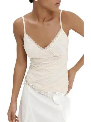 Mango V-neck Lace Camisole With Tiered Ruffles - Vanilla