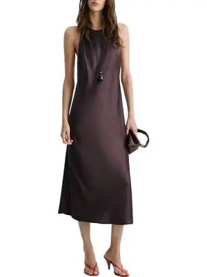 Mango Satin Open Back Jewel Neck Sleeveless Dress - Chocolate