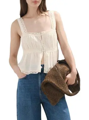 Mango Cotton Lace Trimmed Pintucked Sleeveless Top - Ecru